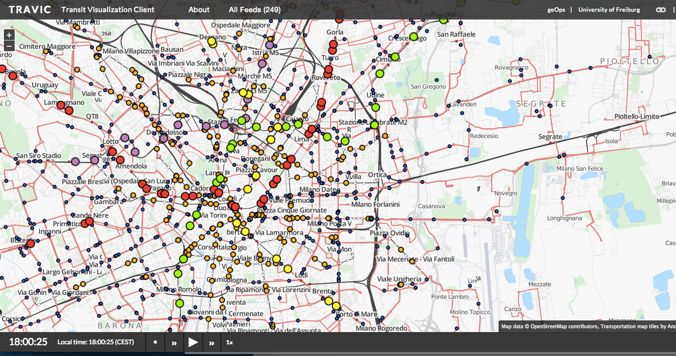 La mappa che mostra il movimento di autobus e treni in tempo reale ...